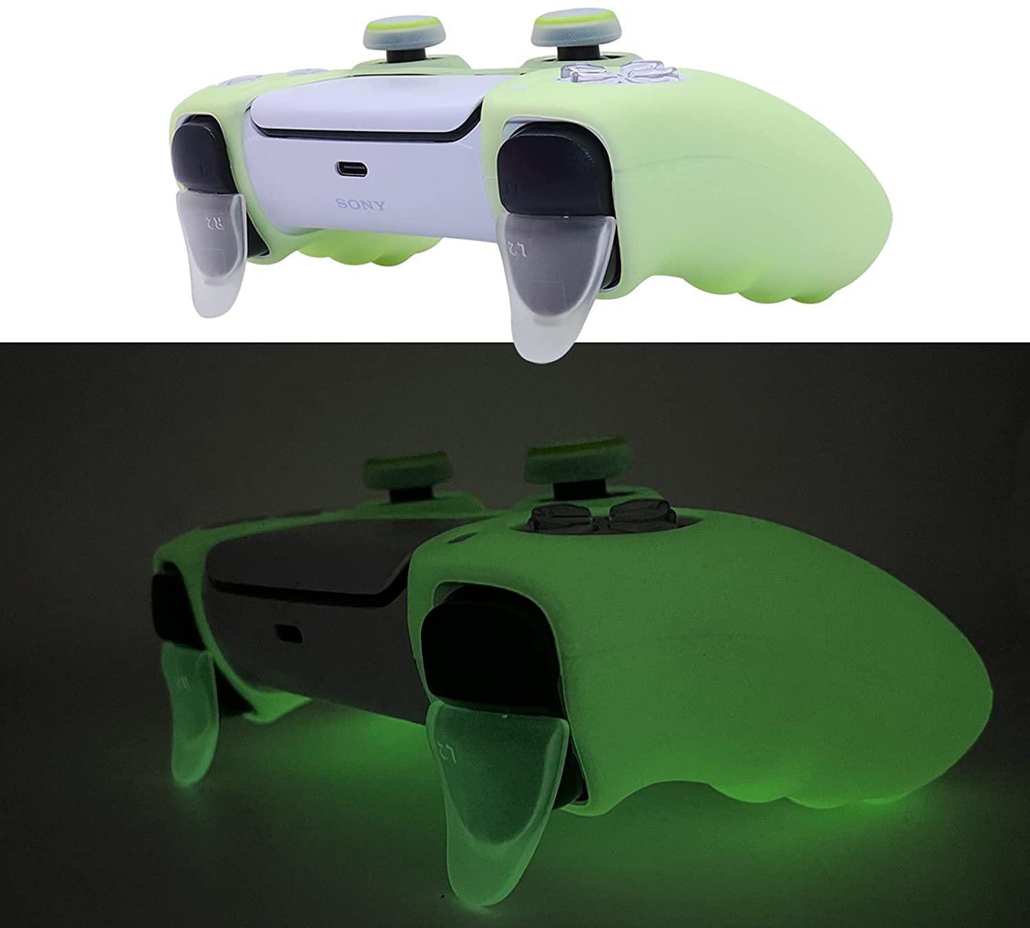 HLRAO Green Anti-Slip Glow in The Dark Protective Silicone Cover Skin Grips Compatible with PS5 Controller,8 PCS Thumb Grips Caps and 2 Grips Caps Glow in The Dark.