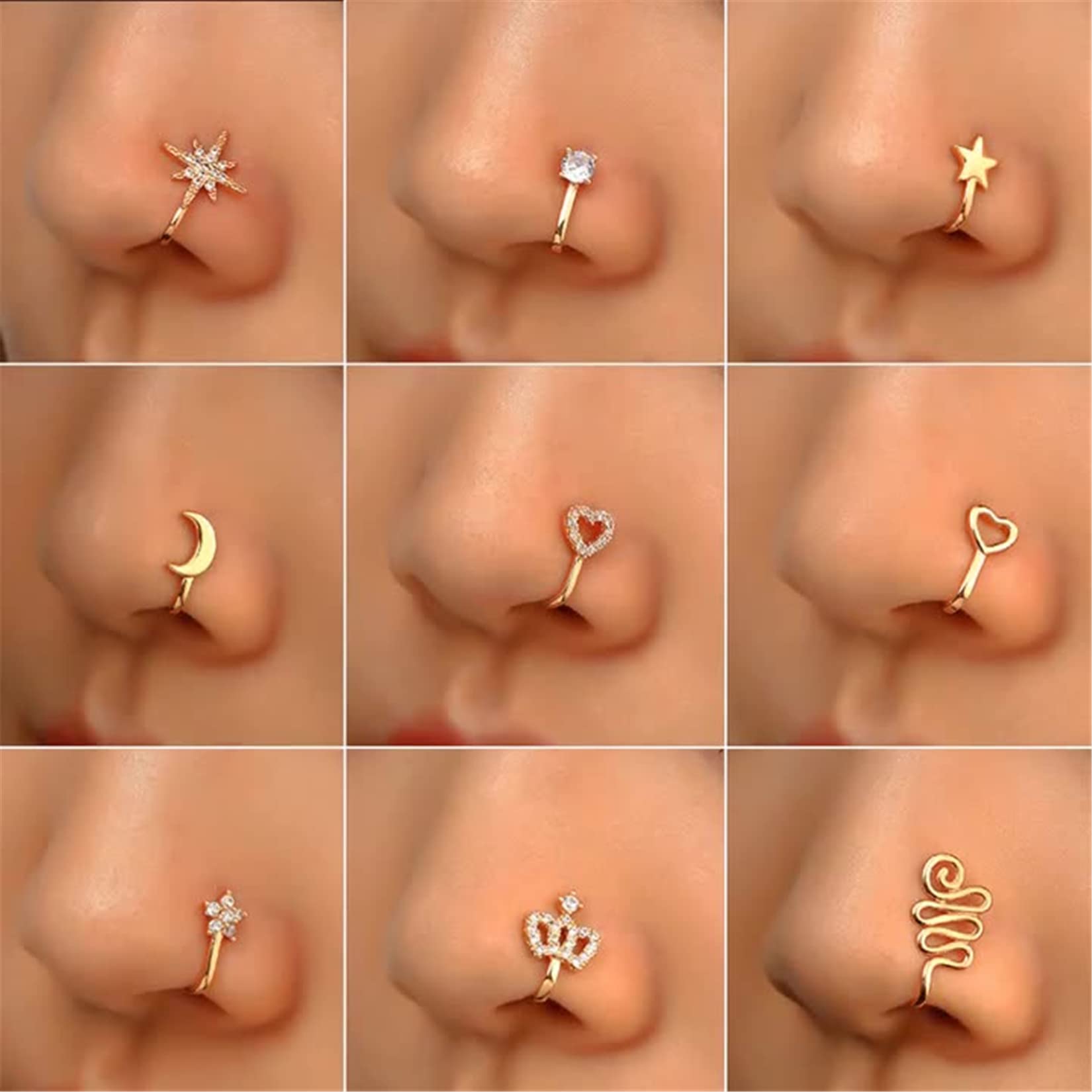 HMOOY 9Pcs Fake Nose Rings, Gold African Nose Cuff Non Piercing Clip On Nose Ring Nose Clip Nose Ring Fake Nose Ring Cuff Nose Clip Jewelry for Women Men (Gold)