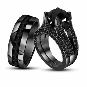 reyansh fashion created round cut black diamond in 925 sterling silver 14k black gold over diamond engagement wedding ring trio set for him & her