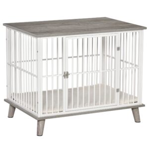 pawhut dog crate furniture, wooden end table with cushion & lockable door, medium size pet crate indoor puppy cage, grey