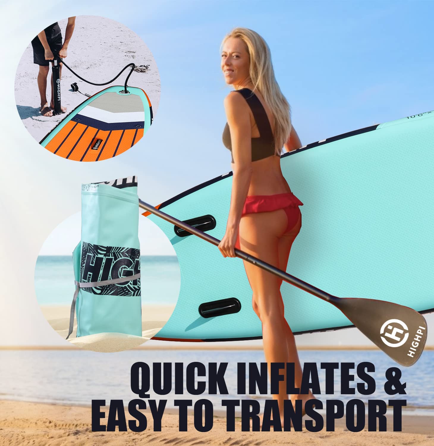 Highpi Inflatable Stand Up Paddle Boards, 10'6''x31''x6'' SUP with Accessories Backpack Anti-Slip Deck, Leash, Adjustable Paddle and Hand Pump, Waterproof Bag, Standing Boat for Youth & Adult