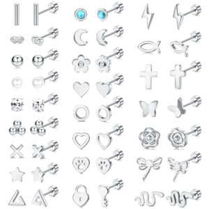 Sanfenly 24 Pairs Stainless Steel Stud Earrings Set for Women Men 20G Tiny Cartlidge Earrings Stud Geometric Star Triangle Moon Heart Snake Butterfly Ball CZ Turquoise Small