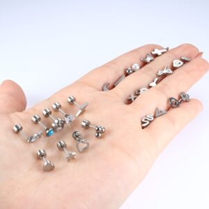 Sanfenly 24 Pairs Stainless Steel Stud Earrings Set for Women Men 20G Tiny Cartlidge Earrings Stud Geometric Star Triangle Moon Heart Snake Butterfly Ball CZ Turquoise Small