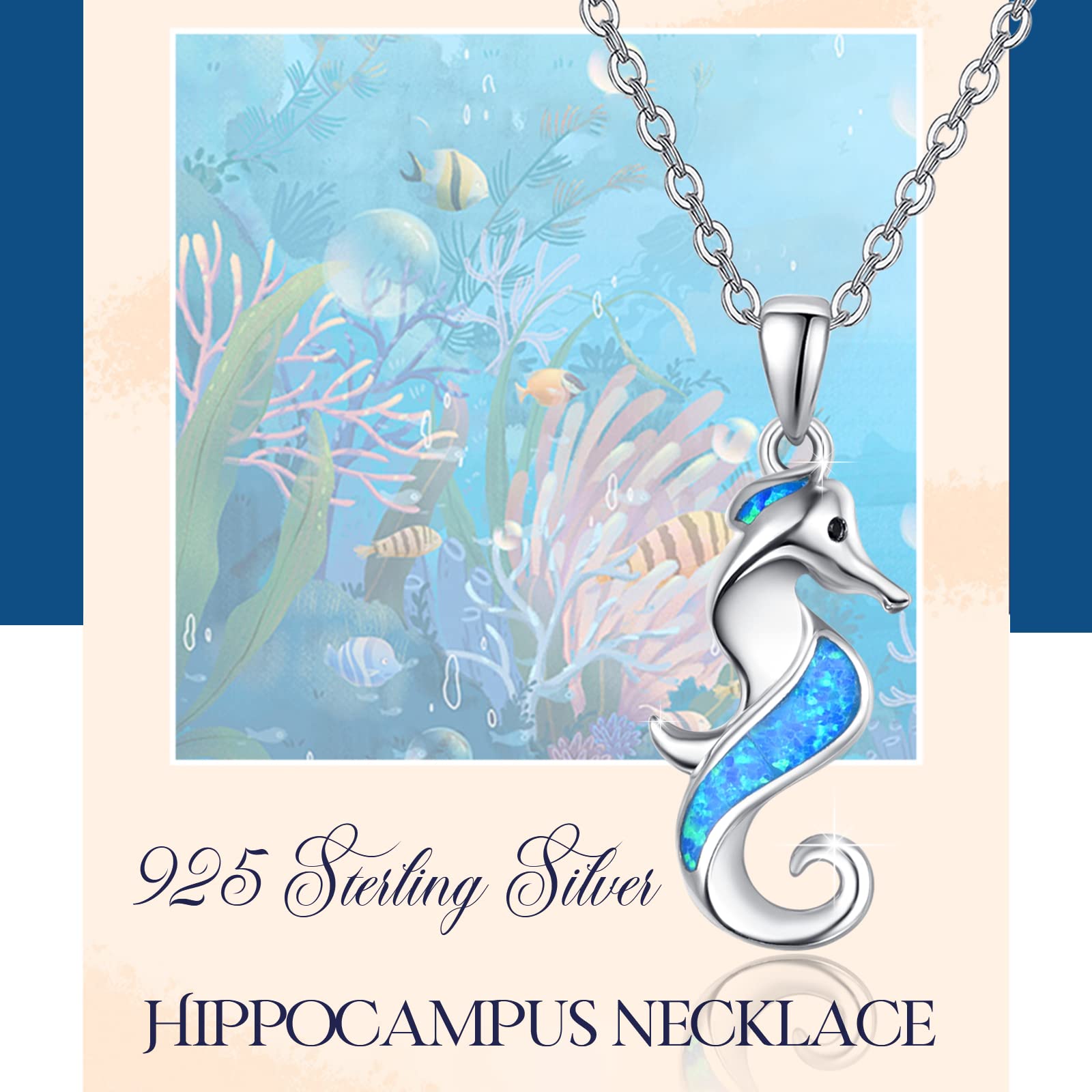 SeaHorse Pendant Necklace Sterling Silver Cute Animal Sea Horse Hippocampus Necklaces Jewelry Created Blue Opal & Cubic Zirconia Gifts for Women Sister Daughter