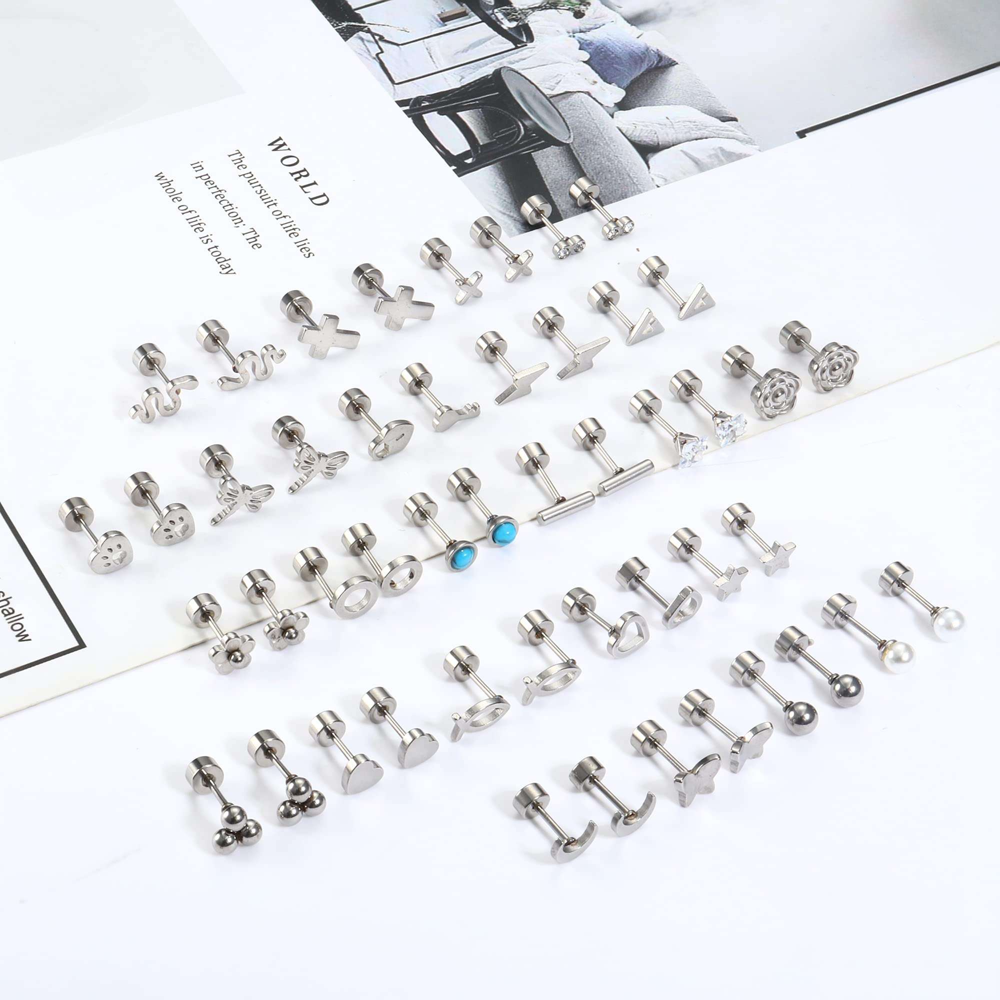 Sanfenly 24 Pairs Stainless Steel Stud Earrings Set for Women Men 20G Tiny Cartlidge Earrings Stud Geometric Star Triangle Moon Heart Snake Butterfly Ball CZ Turquoise Small