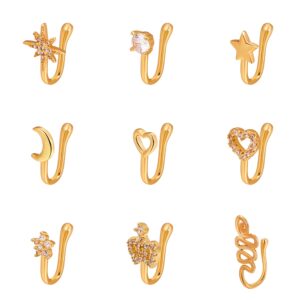 hmooy 9pcs fake nose rings, gold african nose cuff non piercing clip on nose ring nose clip nose ring fake nose ring cuff nose clip jewelry for women men (gold)