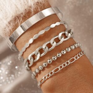 wekicici bracelets for women dainty layered chain bracelets adjustable cute charm bangle link bracelet set for women girls(silver)