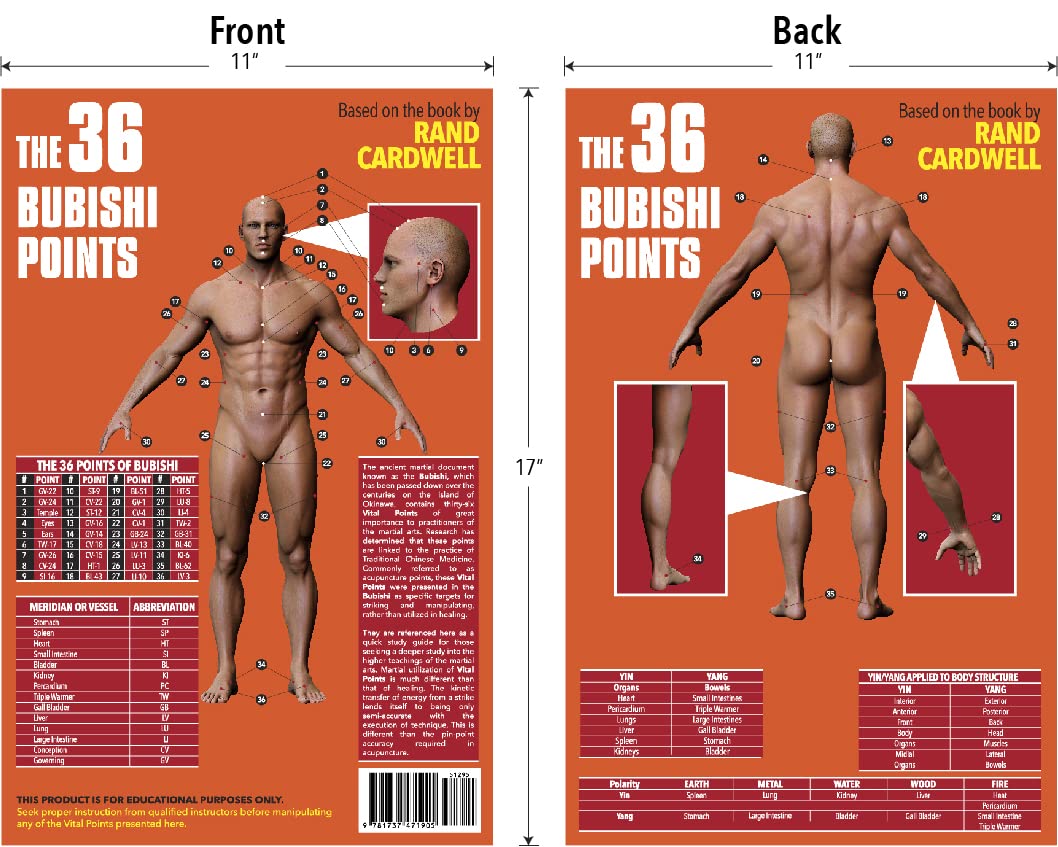 The 36 Bubishi Points, Pressure Points, Vital Points, Martial Arts, 8.5X11 folded or 11x17 unfolded