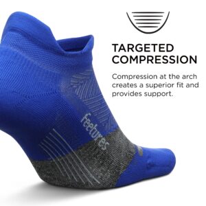 Feetures Elite Light Cushion No Show Tab Ankle Socks - Sport Sock with Targeted Compression - Boost Blue, L (1 Pair)