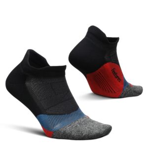 feetures elite light cushion no show tab ankle socks - sport sock with targeted compression - bounce black, s (1 pair)