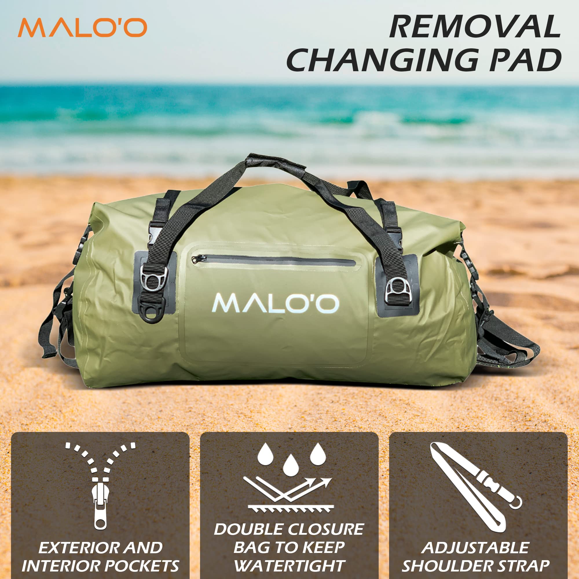 Malo'o 3-in-1 Wetsuit Changing Bag – Integrated changing mat, wetsuit watertight carry bag and XL 60 Liter Roll-Top Dry Bag. Surfing, Paddle-Boarding