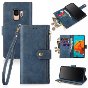 antsturdy samsung galaxy s9 wallet case with card holder for women men,galaxy s9 phone case rfid blocking pu leather flip shockproof cover with strap zipper credit card slots,blue