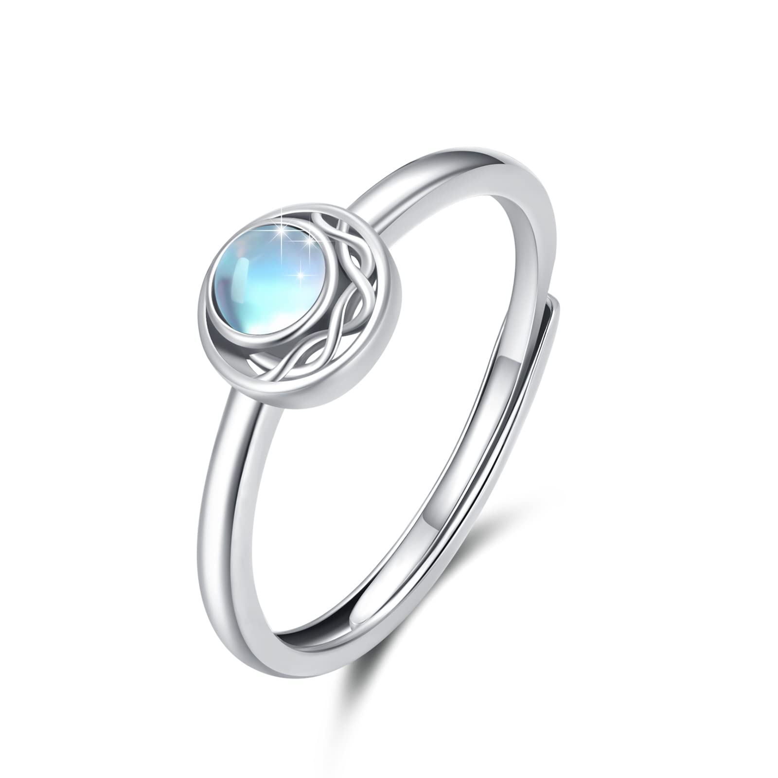 Moonstone Rings Sterling Silver Celtic Knot Adjustable Ring Rainbow Moonstone Stackable Thumb Fashion Finger Hollow Knot Wrap Around Spoon Ring Irish Jewelry Good Luck Gifts for Women (Celtic Knot Moonstone Ring)