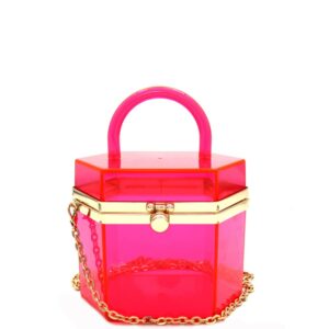 neon transparent clear acrylic plastic hard frame party clutch purse chain strap (hexagonal box clutch - neon fuchsia)