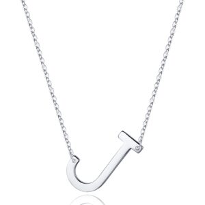 turandoss s925 sterling silver sideways initial necklace for women, hypoallergenic adjustable chain necklace with personalized minimalist pendant (j)