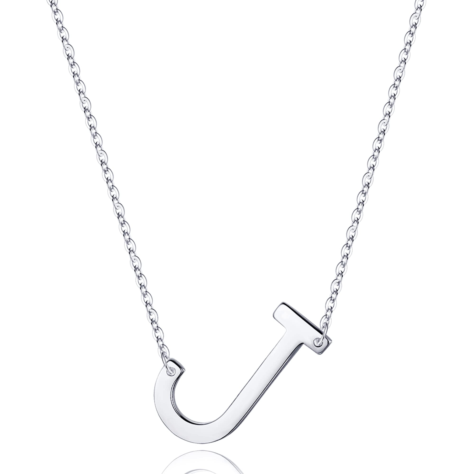 Turandoss S925 Sterling Silver Sideways Initial Necklace for Women, Hypoallergenic Adjustable Chain Necklace with Personalized Minimalist Pendant (J)