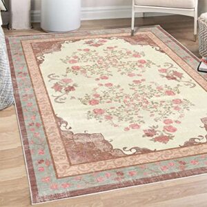 ambesonne rose decorative rug, vintage boho oriental culture style pattern of swirling and curlicue flowers, quality carpet for bedroom dorm and living room, 4' x 5' 5", maroon pink ivory