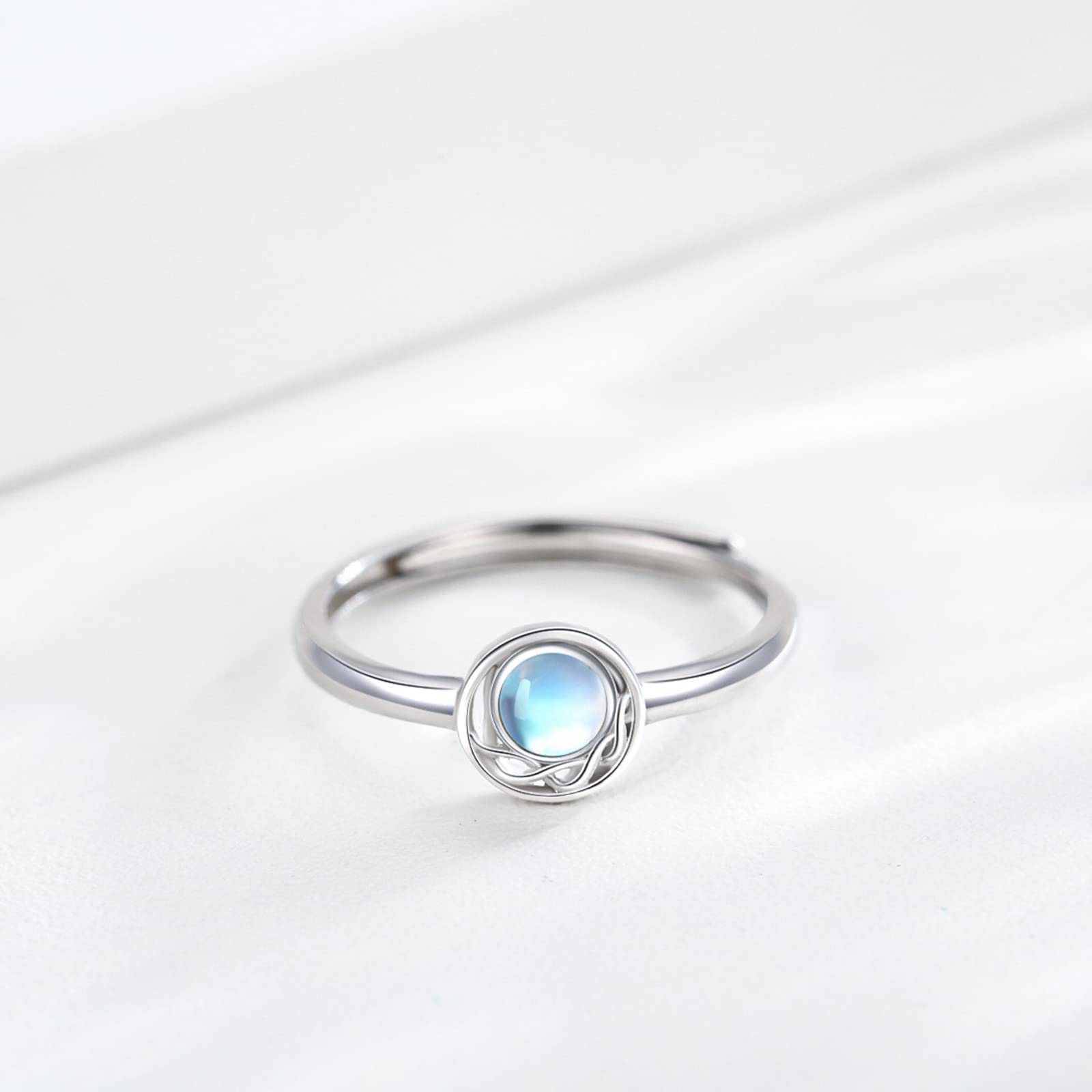 Moonstone Rings Sterling Silver Celtic Knot Adjustable Ring Rainbow Moonstone Stackable Thumb Fashion Finger Hollow Knot Wrap Around Spoon Ring Irish Jewelry Good Luck Gifts for Women (Celtic Knot Moonstone Ring)