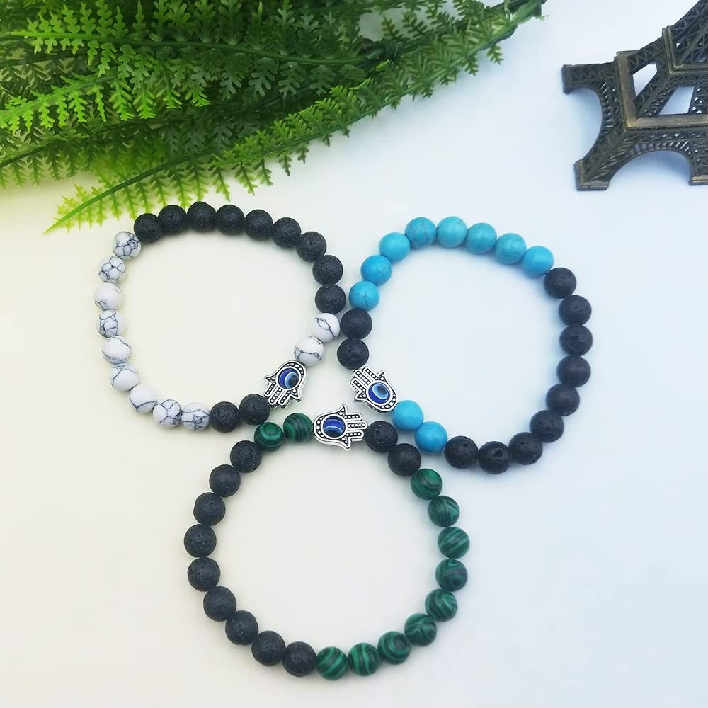 SOOWOOT 10pcs Evil Eye Bracelet - Lava Rock Stone Hamsa Bracelet Third Eye Stretch Beaded Bracelet Hand of Fatima Bracelet Set