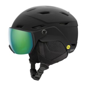 smith youth survey jr. mips snowboard helmet with built in goggle (matte black (green mirror), small/medium)