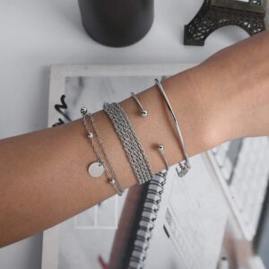 Jovono Boho Stackable Bracelet Silver Layered Sequins Bracelet Sets Baeded Bracelets for Women(4Pcs)