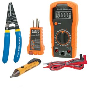 klein tools 81021 electrical tester tool kit with multimeter, non-contact voltage pen, receptacle tester, wire stripper / cutter, 4-piece