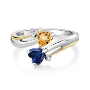 925 Sterling Silver and 10K Yellow Gold Yellow Citrine Blue Created Sapphire and White Lab Grown Diamond 2 Heart Promise Couple Engagement Mother Ring (0.98 Cttw, Gemstone Birthstone) (Size 6)