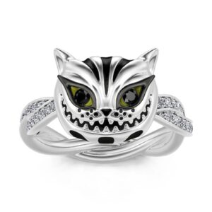 jeulia sterling silver cheshire cat rings for women ​enamel rings handmade diamond white fancy black cubic zirconia ​bridal set wedding anniversary engagement promise with jewelry gift box (silver, 7)