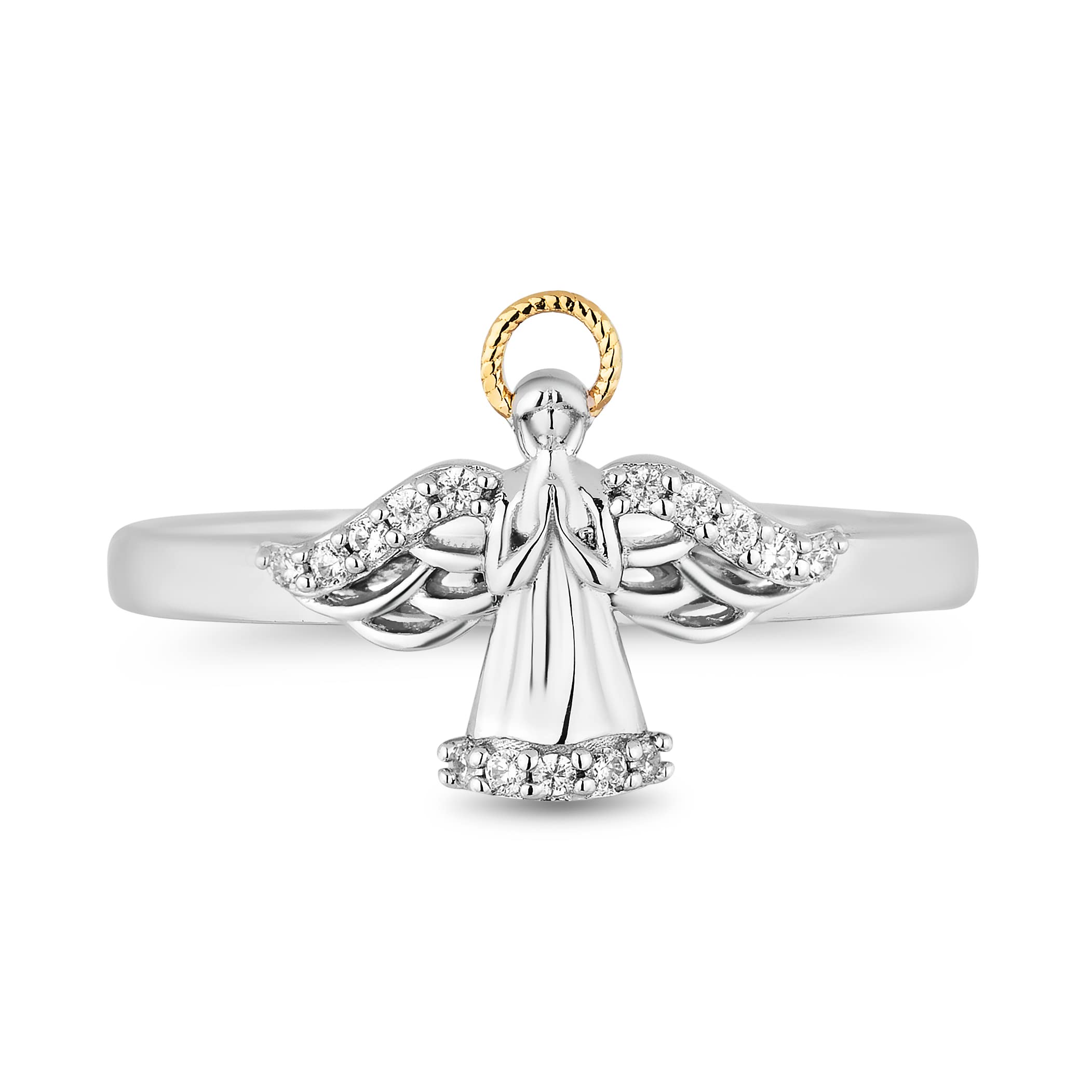 Jewelili Hallmark Fine Jewelry Guardian Angel Ring in Sterling Silver and 14K Yellow Gold with Diamonds, Size 7