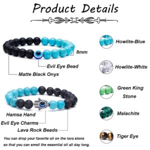 SOOWOOT 10pcs Evil Eye Bracelet - Lava Rock Stone Hamsa Bracelet Third Eye Stretch Beaded Bracelet Hand of Fatima Bracelet Set