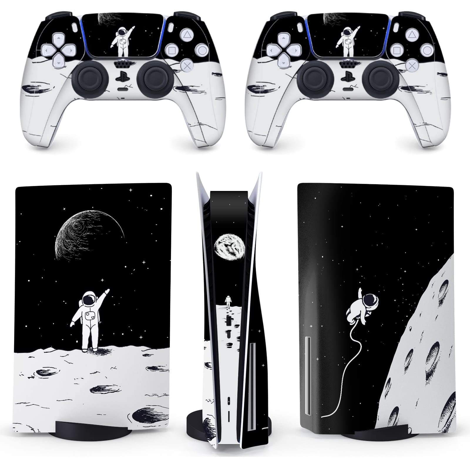 BelugaDesign Space Astronaut Skin PS5 | Galaxy Moon Spaceship Anime Cartoon | Cute Vinyl Cover Wrap Sticker Full Set Console Controller | Compatible with Sony PlayStation 5 (PS5 Disc, Black White)