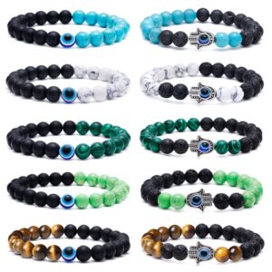 soowoot 10pcs evil eye bracelet - lava rock stone hamsa bracelet third eye stretch beaded bracelet hand of fatima bracelet set