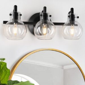 folksmate bathroom vanity light fixtures, modern 3 lights wall sconce lighting matte black, wall lamp wall mount light fixture with globe glass shade