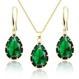 linawe emerald crystal jewelry sets for women, gold pendant necklace set, green diamond drop dangle earrings set, boho rhinestone matching jewelry for wedding bridal bridesmaid