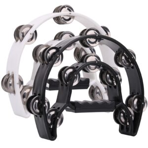 2pack 10" double row tambourine for adult, half moon musical tambourine 20 metal jingles hand held percussion drum, plastic musical percussion tambourines for adults, church, ktv, party, black & white