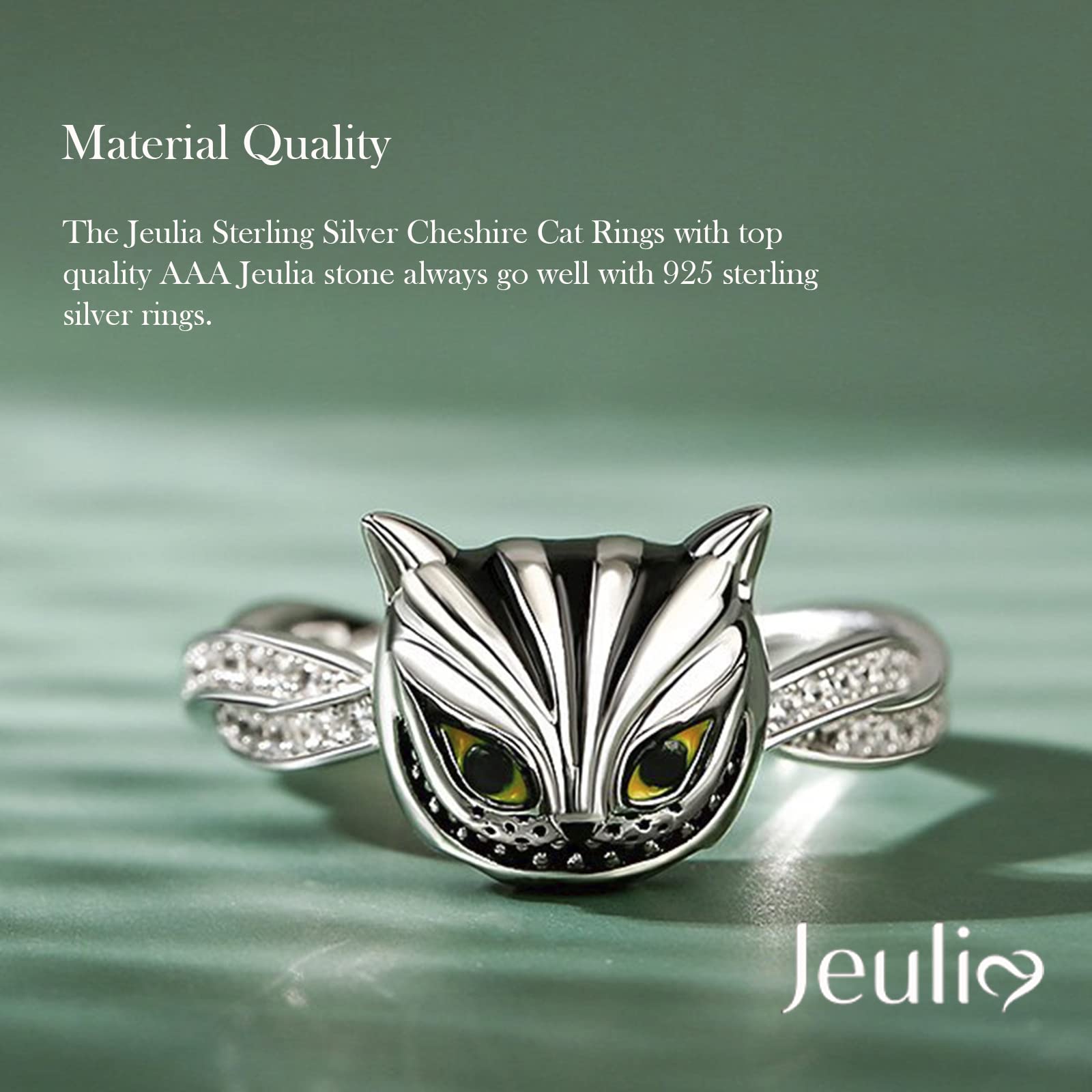 Jeulia Sterling Silver Cheshire Cat Rings for Women ​Enamel Rings Handmade Diamond White Fancy Black Cubic Zirconia ​Bridal Set Wedding Anniversary Engagement Promise with Jewelry Gift Box (silver, 7)