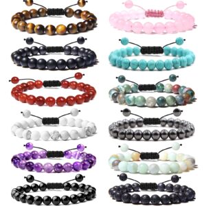 svovin 12 pieces 8mm beaded gemstone bracelets set for men women unisex tiger eye amethyst energy power adjustable elastic bracelets jewelry