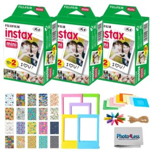 fujifilm instax mini twin pack instant film (60 exposures) + travel stickers + 5 colored frames + hanging frames + cleaning cloth