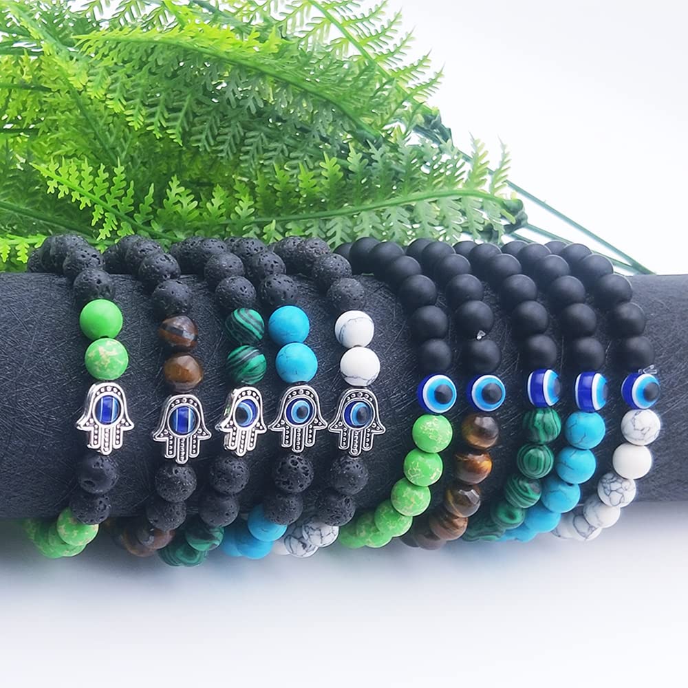 SOOWOOT 10pcs Evil Eye Bracelet - Lava Rock Stone Hamsa Bracelet Third Eye Stretch Beaded Bracelet Hand of Fatima Bracelet Set