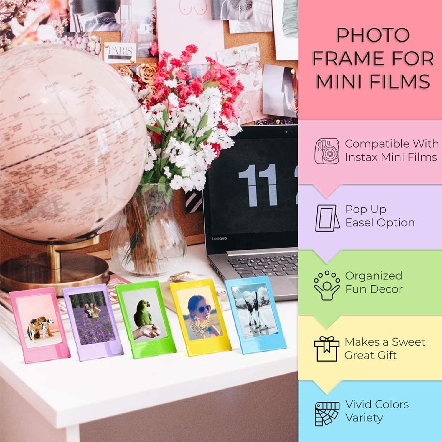 Fujifilm Instax Mini Twin Pack Instant Film (60 Exposures) + Travel Stickers + 5 Colored Frames + Hanging Frames + Cleaning Cloth