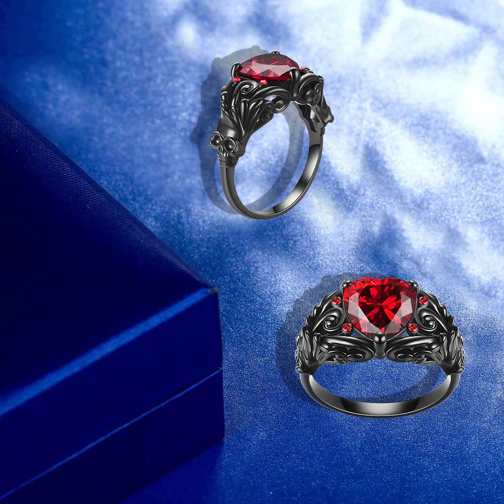 Gothic Skull Rings Heart Cubic Zirconia Crystal Women Wedding Ring for Women Gifts Statement Cocktail Party Biker Ring Jewelry (Red, 7)