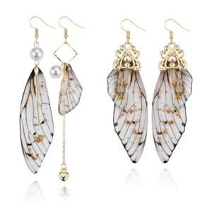 abondever cottagecore butterfly wing earrings 1 pair 14k gold foil fairy wing earrings & 1 pair fairycore asymmetrical earrings for women drop dangle earrings(gold foil grey)