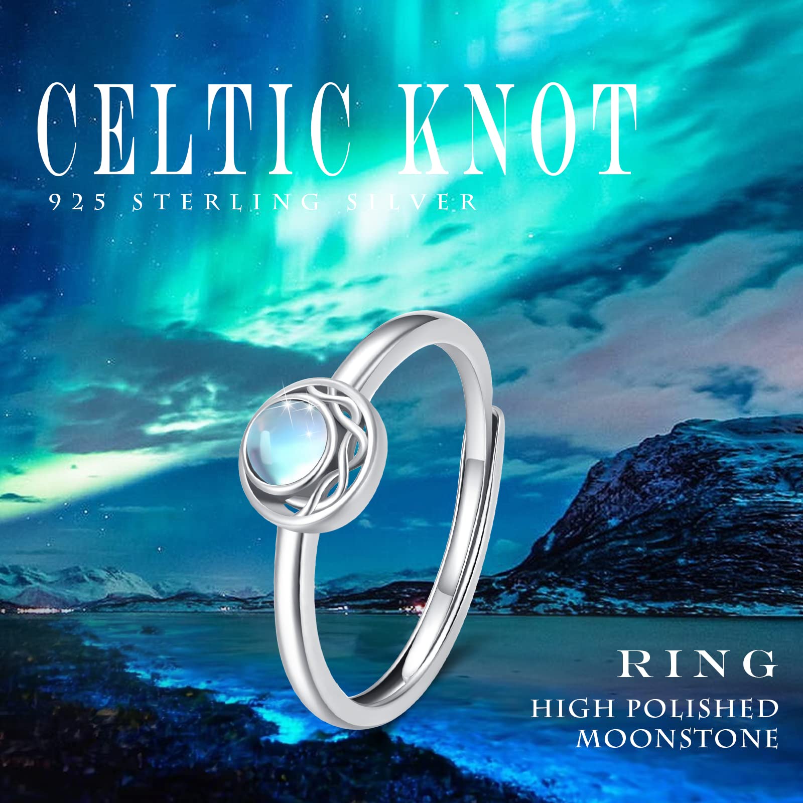 Moonstone Rings Sterling Silver Celtic Knot Adjustable Ring Rainbow Moonstone Stackable Thumb Fashion Finger Hollow Knot Wrap Around Spoon Ring Irish Jewelry Good Luck Gifts for Women (Celtic Knot Moonstone Ring)