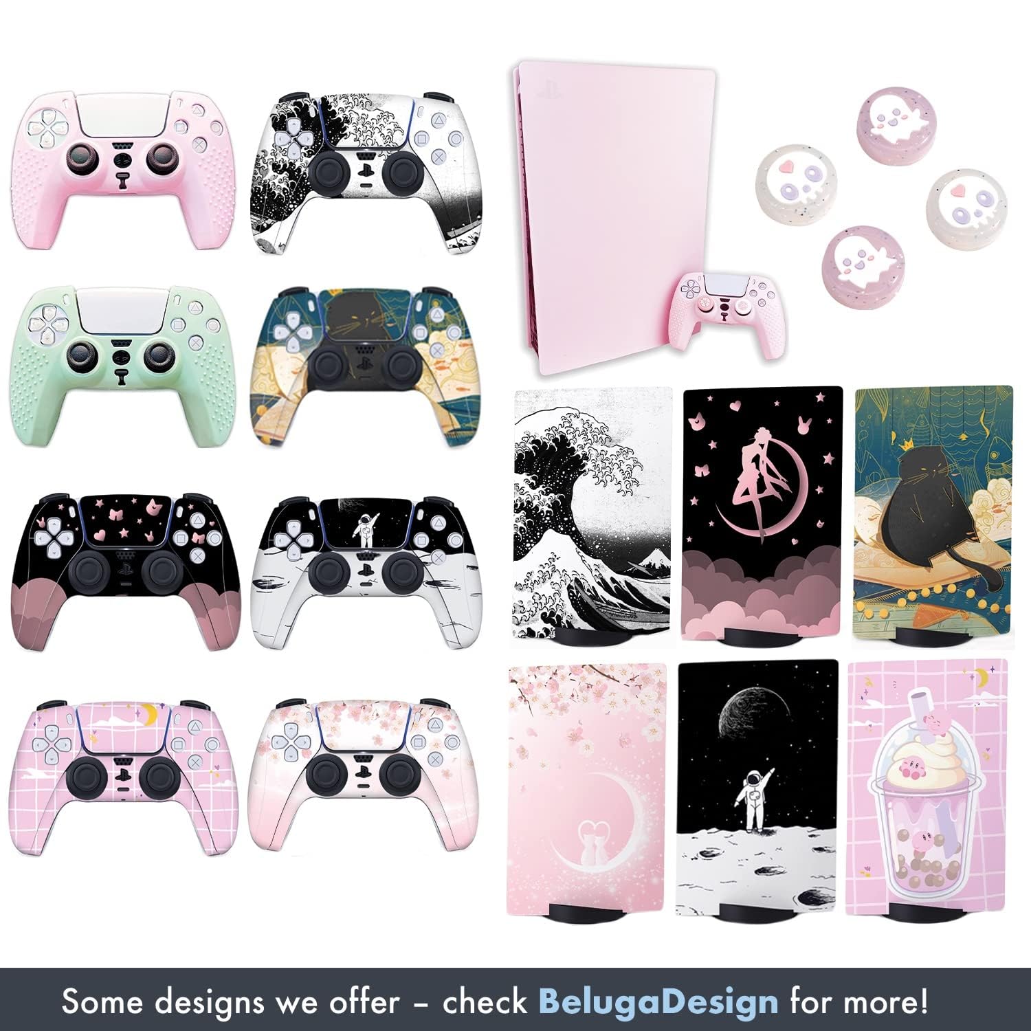 BelugaDesign Space Astronaut Skin PS5 | Galaxy Moon Spaceship Anime Cartoon | Cute Vinyl Cover Wrap Sticker Full Set Console Controller | Compatible with Sony PlayStation 5 (PS5 Disc, Black White)