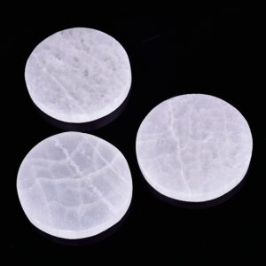 cnyanfei 3pcs selenite charging plates 4” satin spar crystal tray natural selenite stone coasters circle gemstone slab bulk