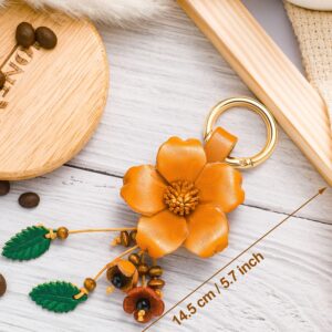 Inbagi Leather Leaf Flower Tassel Keychain Boho Accessories Cute Keychains for Women Wallet Bag Purse Ring Pendant Charms (Yellow)