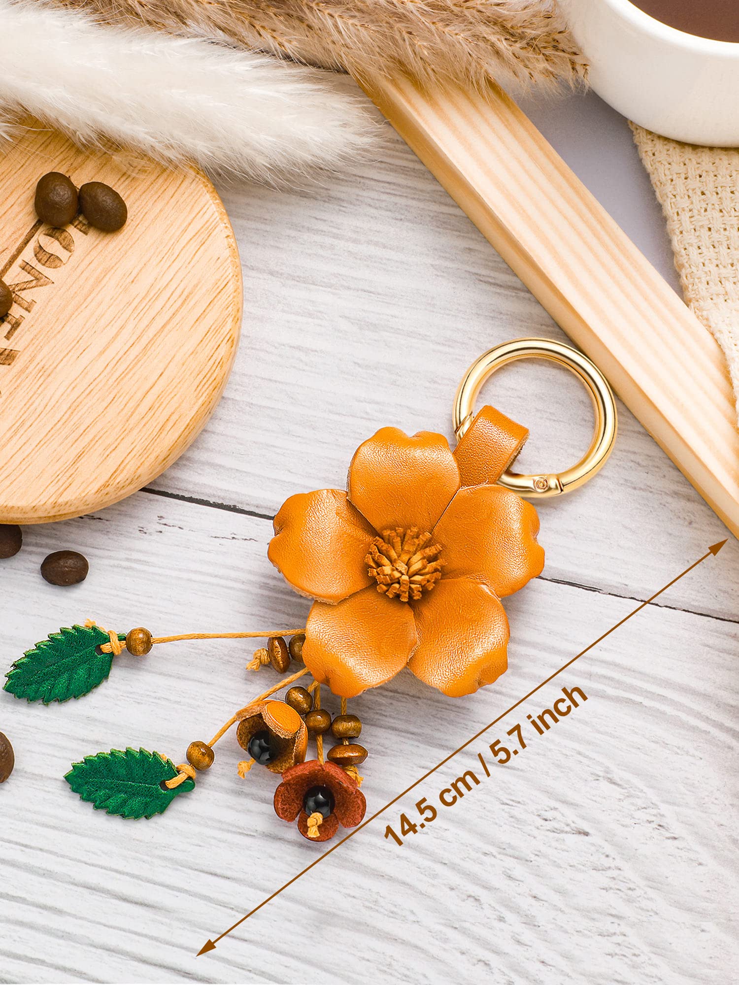 Inbagi Leather Leaf Flower Tassel Keychain Boho Accessories Cute Keychains for Women Wallet Bag Purse Ring Pendant Charms (Yellow)