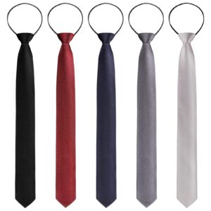 xinnun 5 pieces mens zipper ties pre tied adjustable neckties solid color skinny necktie thin clip on slim tie for office school wedding party uniforms, black, navy, gray, silver gray, dark red