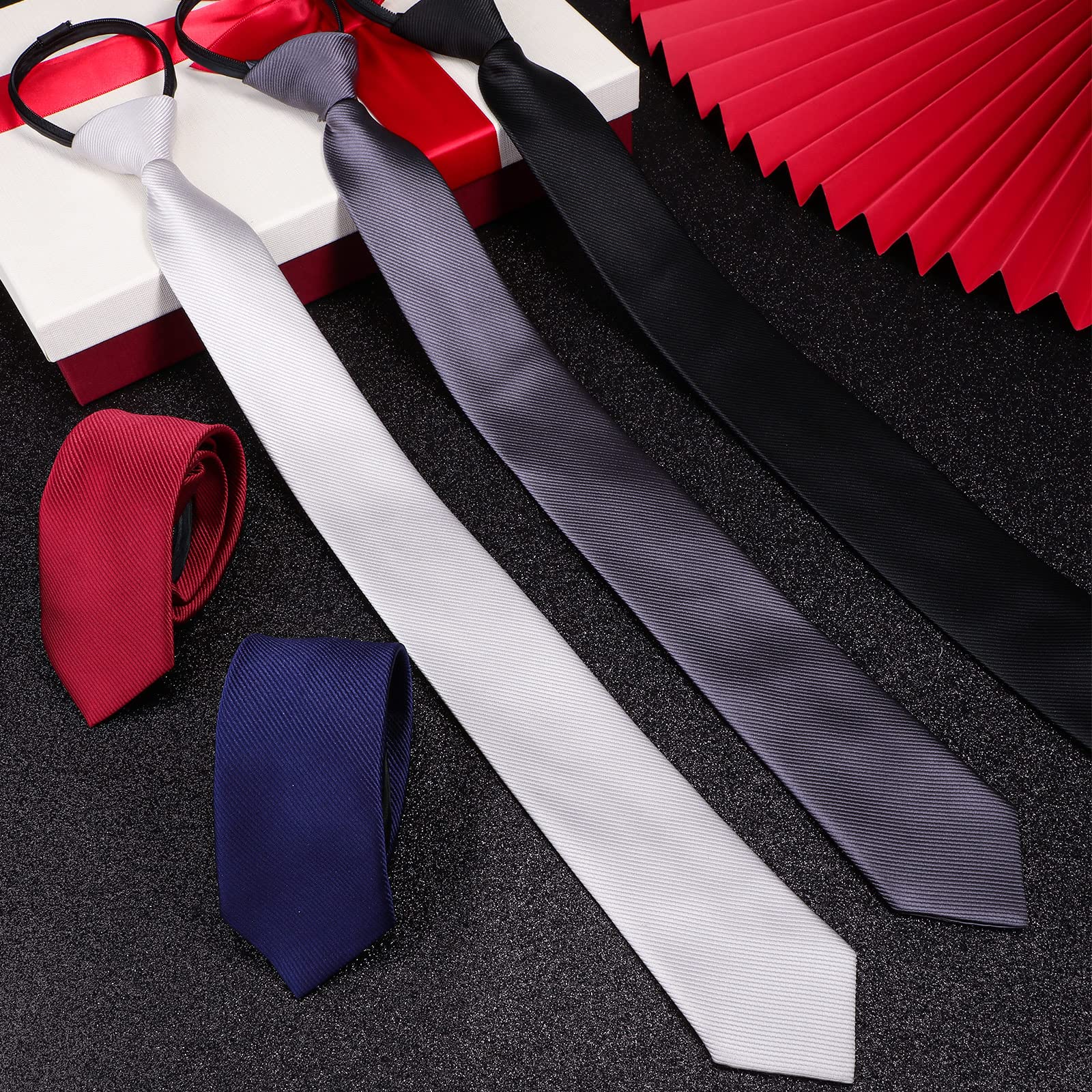 Xinnun 5 Pieces Mens Zipper Ties Pre Tied Adjustable Neckties Solid Color Skinny Necktie Thin Clip on Slim Tie for Office School Wedding Party Uniforms, Black, Navy, Gray, Silver Gray, Dark Red