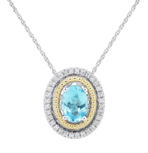 Atharv Collection 1 CT Oval Cut Created Blue Aquamarine Halo Pendant Necklace 14k Two Tone Gold Finish